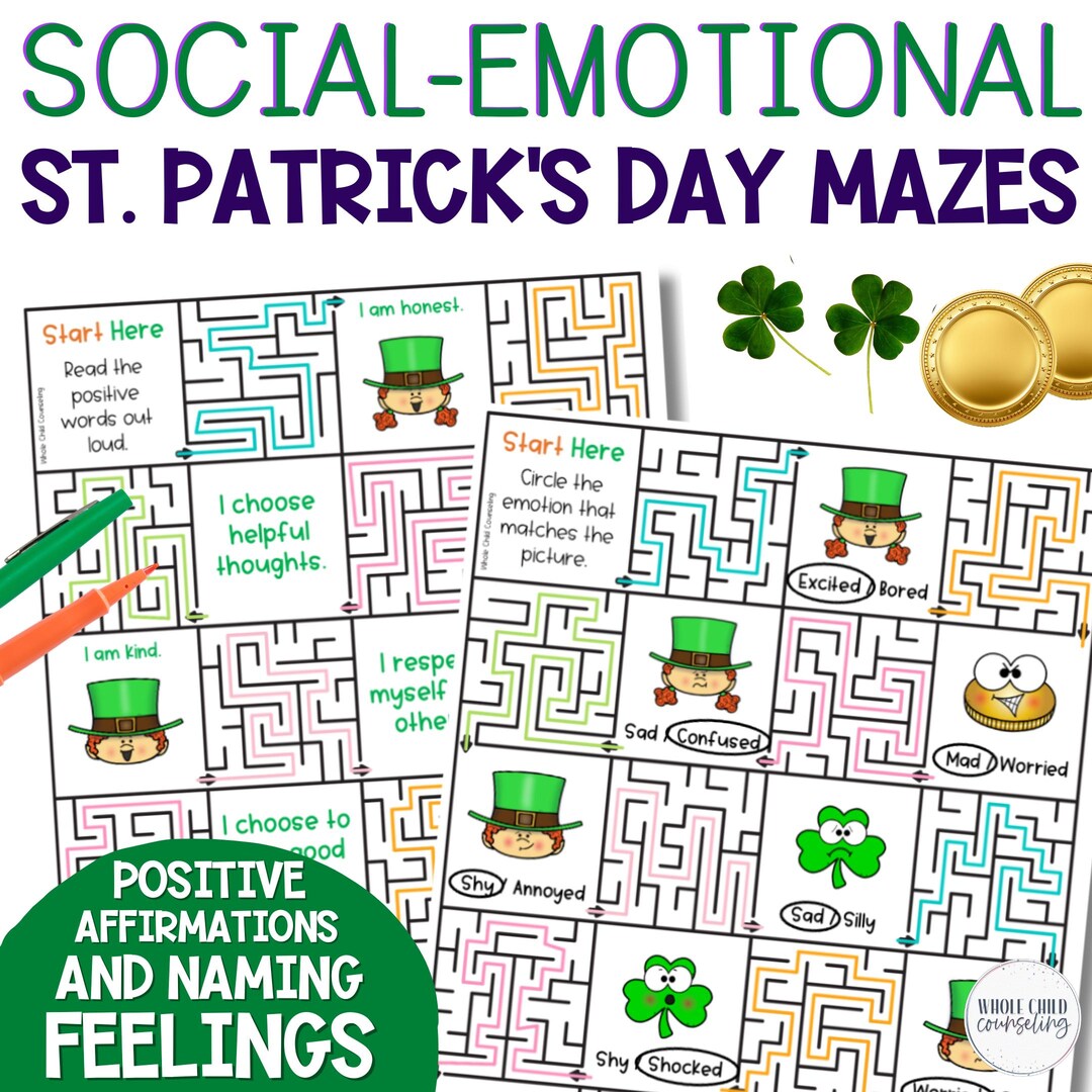 St. Patrick's Day Feelings Mazes for Kids, Printable Self Esteem Games ...