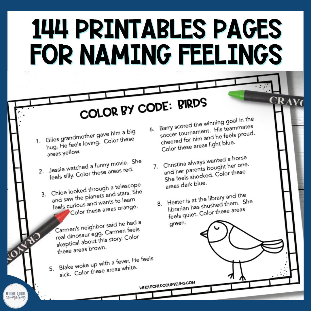 Naming Feelings Color by Code Worksheets for Kids, Social Emotional ...
