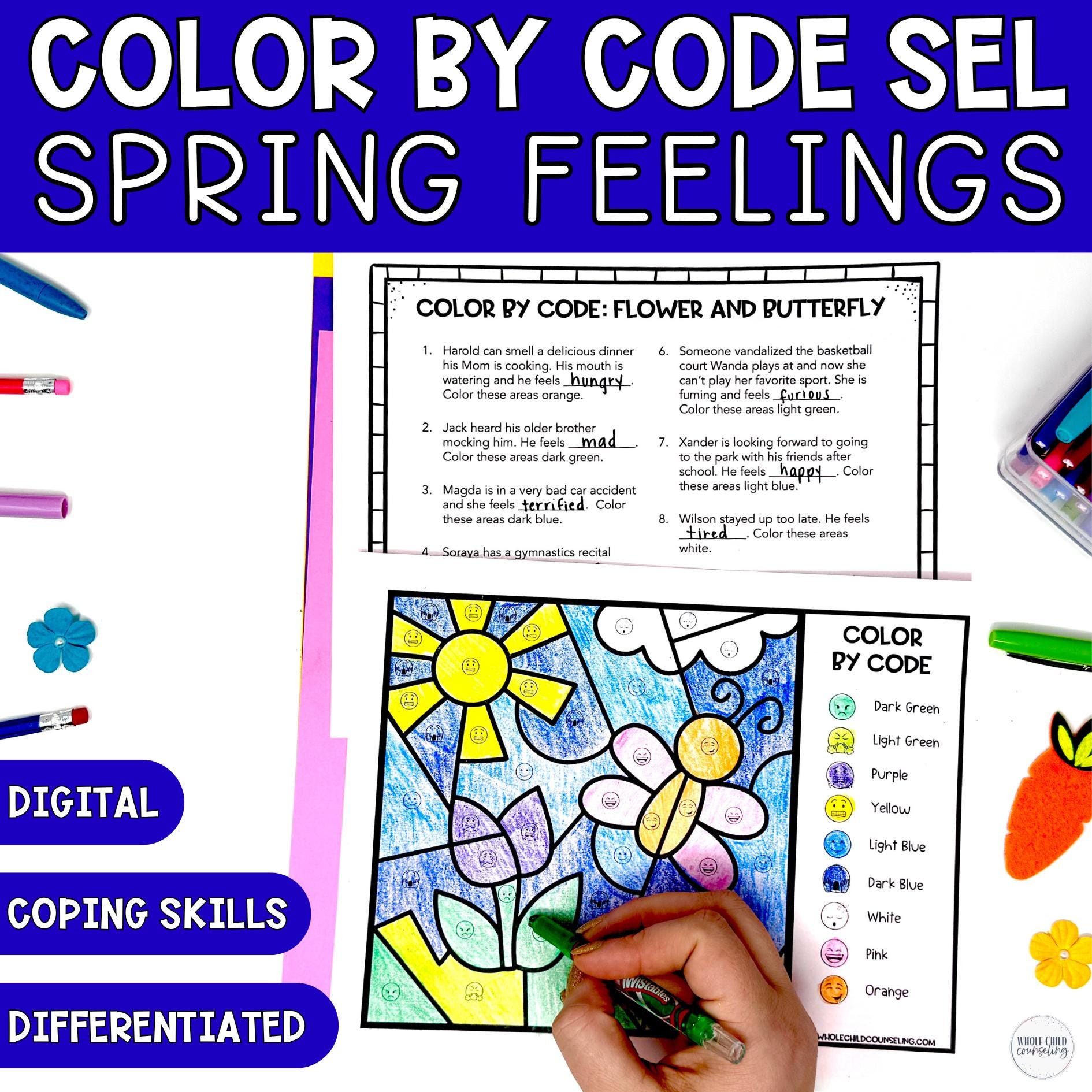 Spring Feelings Color by Code: SEL Printable Worksheets (digital ...