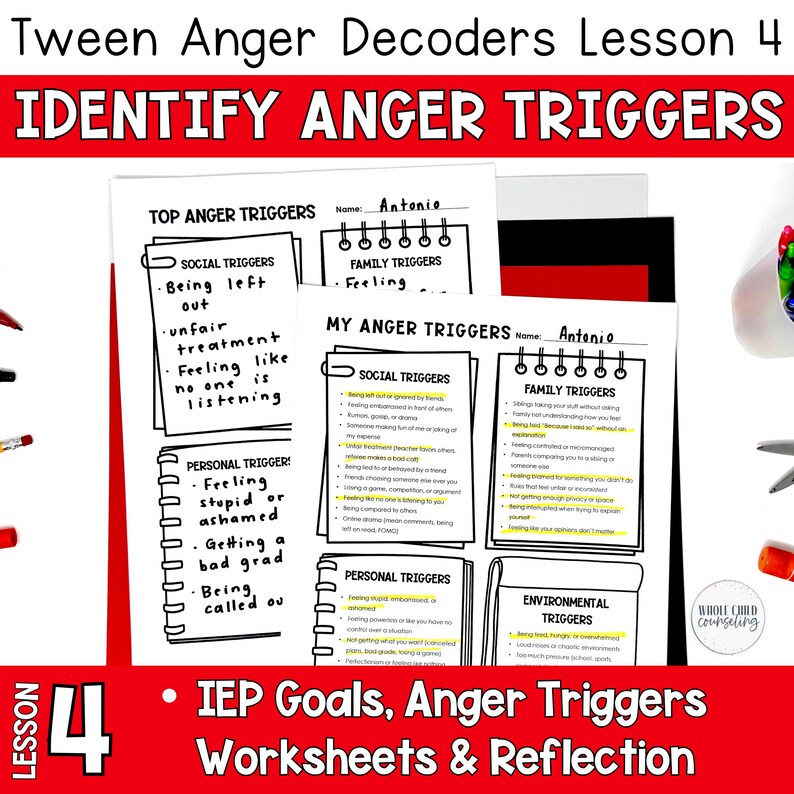 Teen and Tween Anger Management Worksheets: Anger Triggers, Coping ...