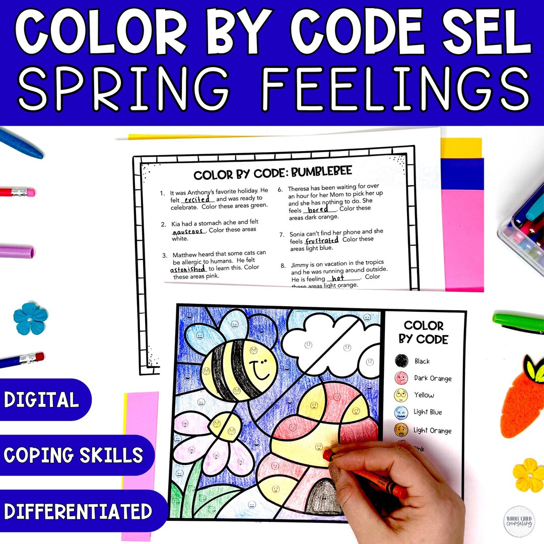 Spring Color by Code Feelings, Social Emotional Learning Regulation ...