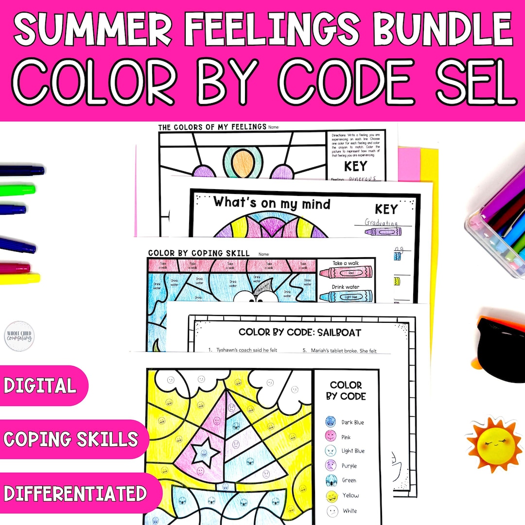 Summer Feelings and Coping Skills Color by Code: Emotions Coloring ...