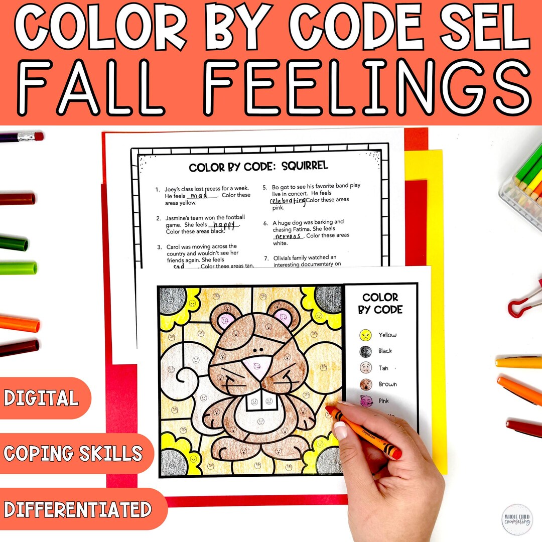 Color by Code Fall Feelings Squirrel Activity, Autumn Social Emotional ...