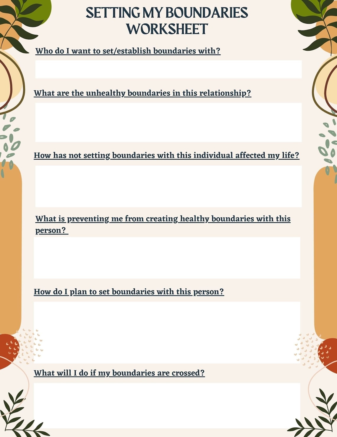 An Editable Setting My Boundaries Worksheet for Self-care, Self-esteem, and Mental Health ...