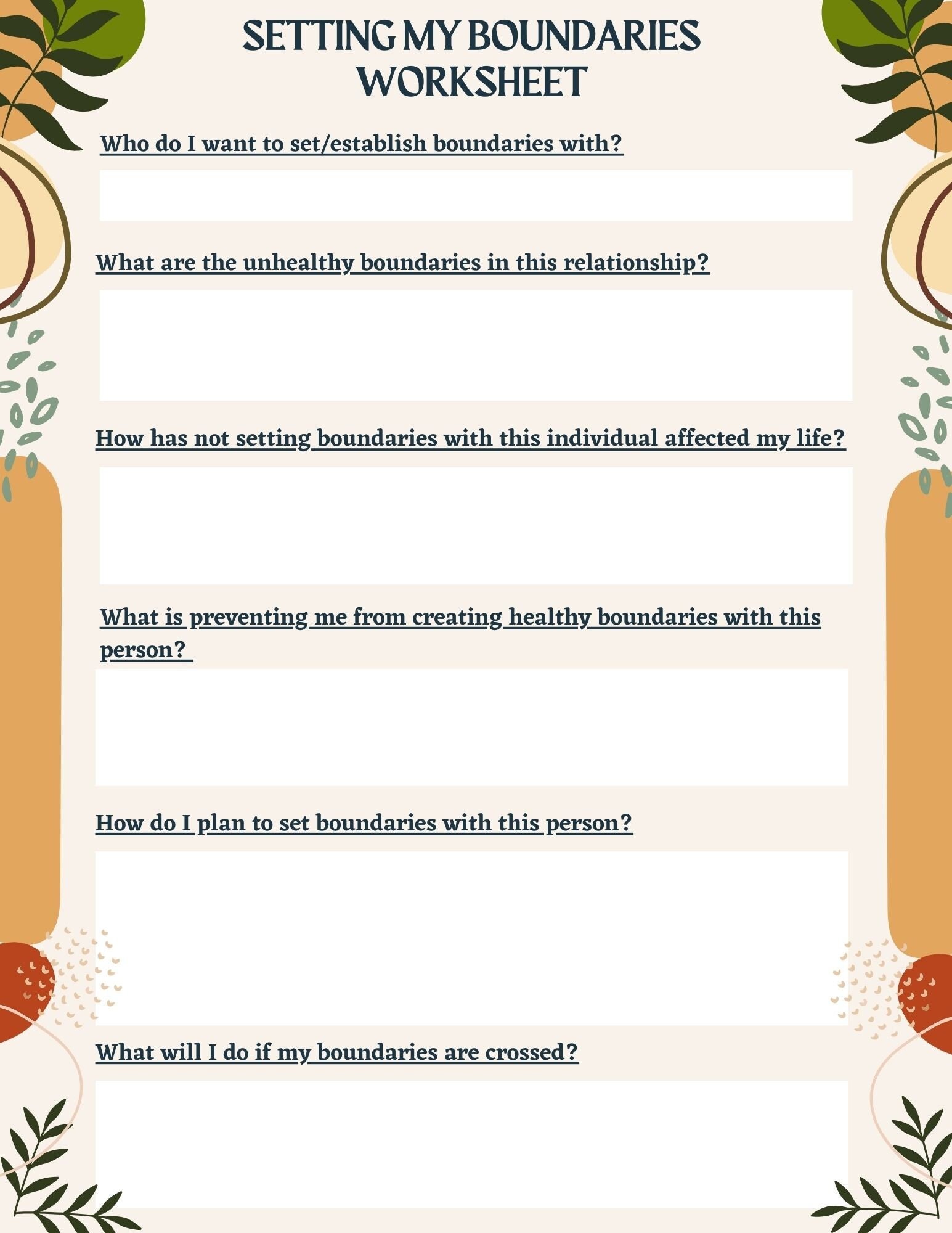 An Editable Setting My Boundaries Worksheet for Self-care, Self-esteem, and Mental Health ...