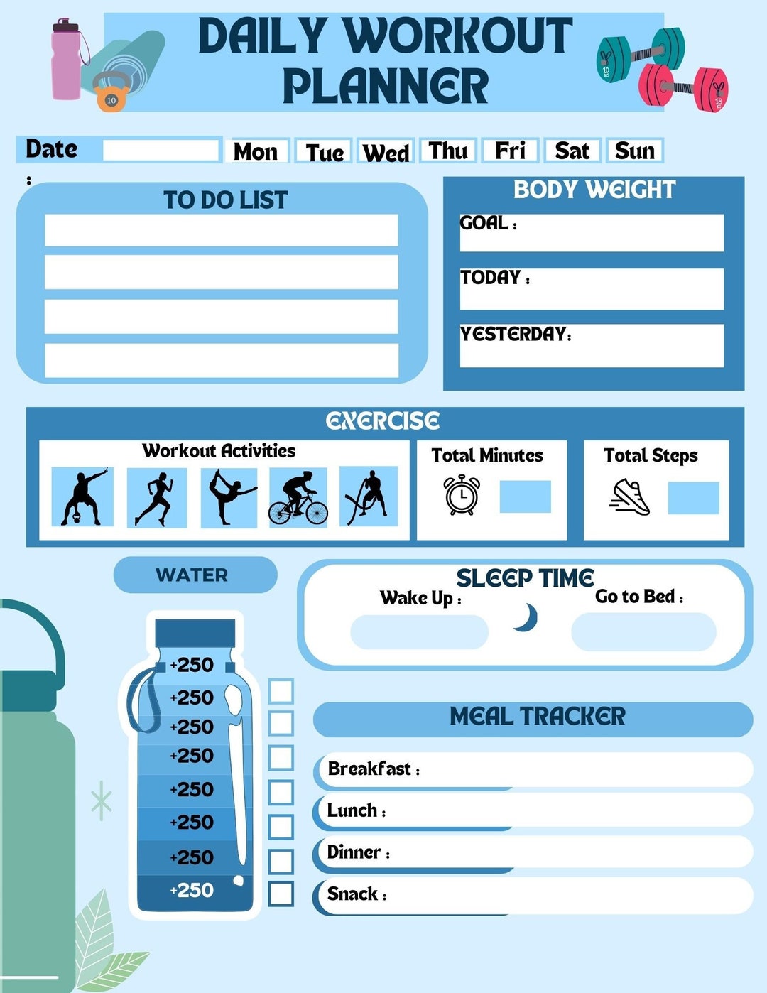 Daily Workout Planner; Editable Canva Daily Workout Template; Digital ...