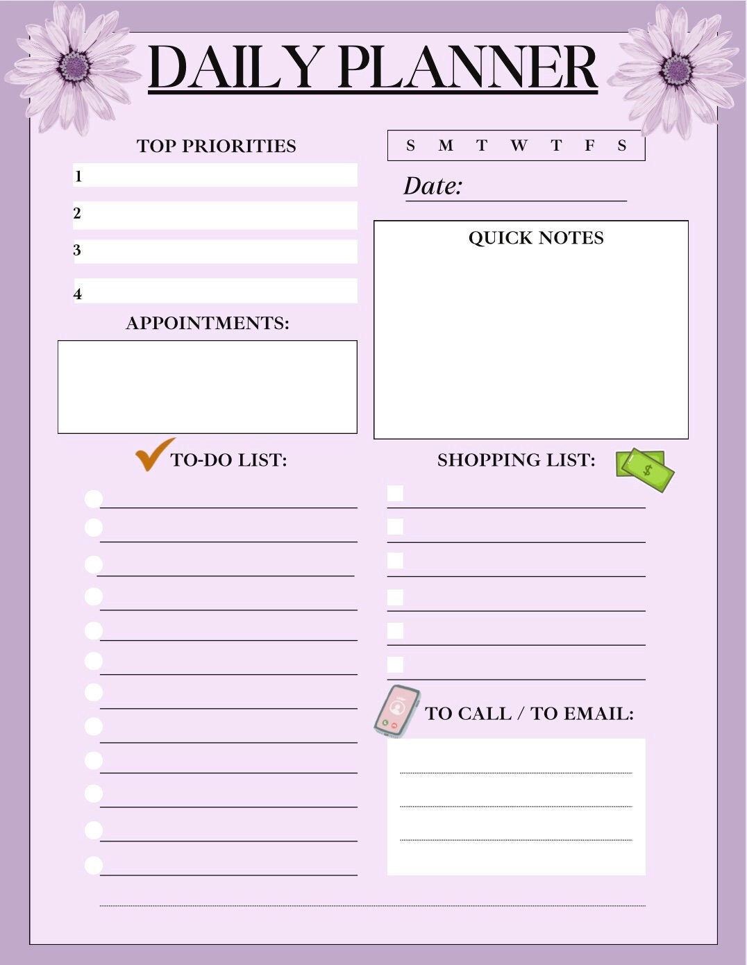 Daily Planner, Editable Canva Template; Minimal Floral Daily Planner ...