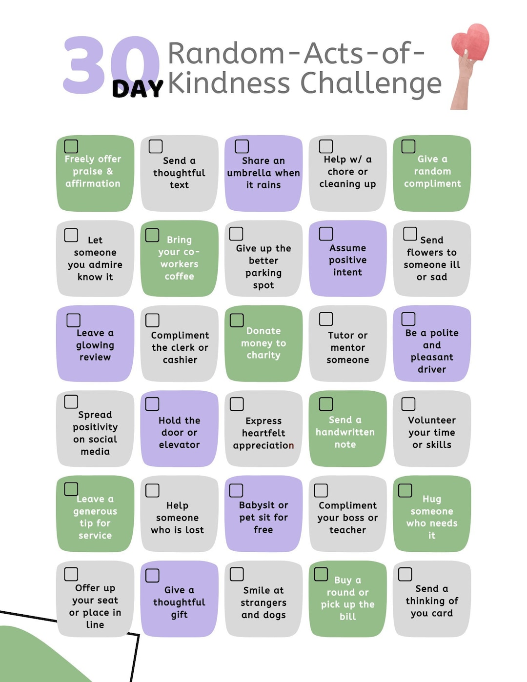 30 Days of Random Acts of Kindness Challenge; Editable Canva Template ...