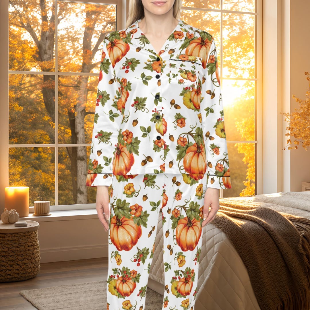 Fall Satin Pajamas Set, Pumpkin Print Sleepwear for Autumn Nights - Etsy