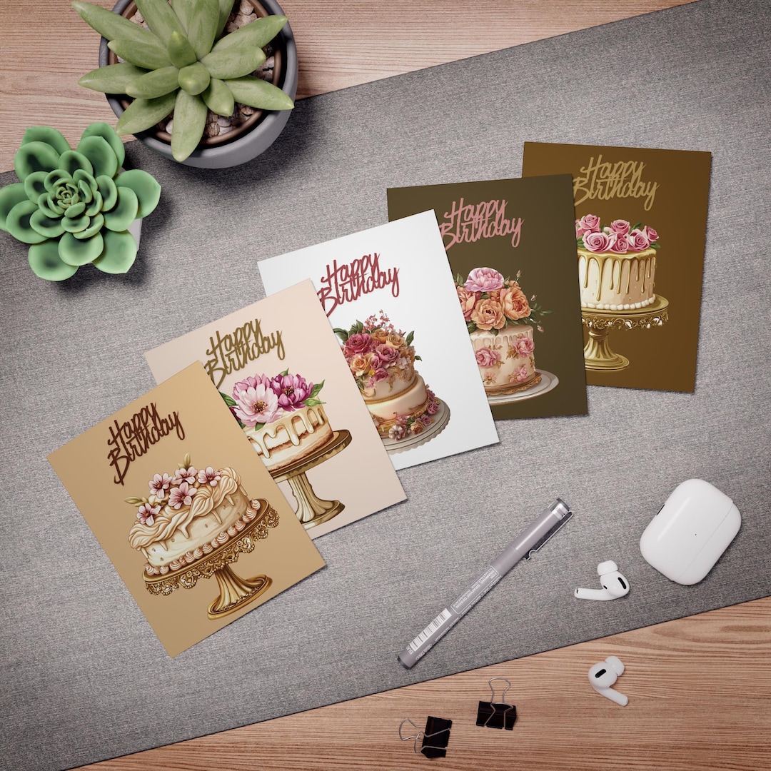 Elegant Birthday Cards 5-pack , Floral Cake Greeting Set for ...