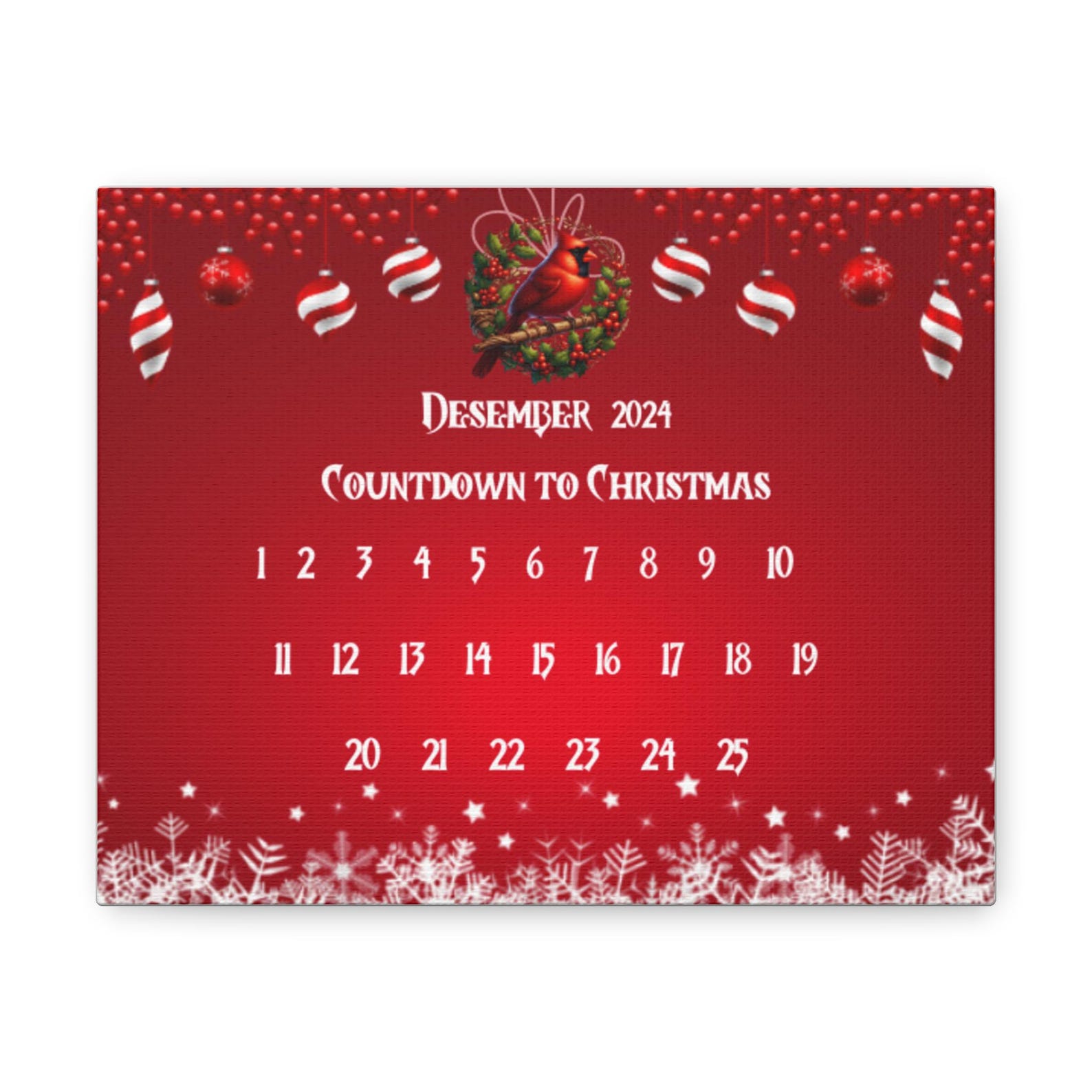 Festive Christmas Countdown Calendar Canvas Cardinal Wreath, Snowflakes ...