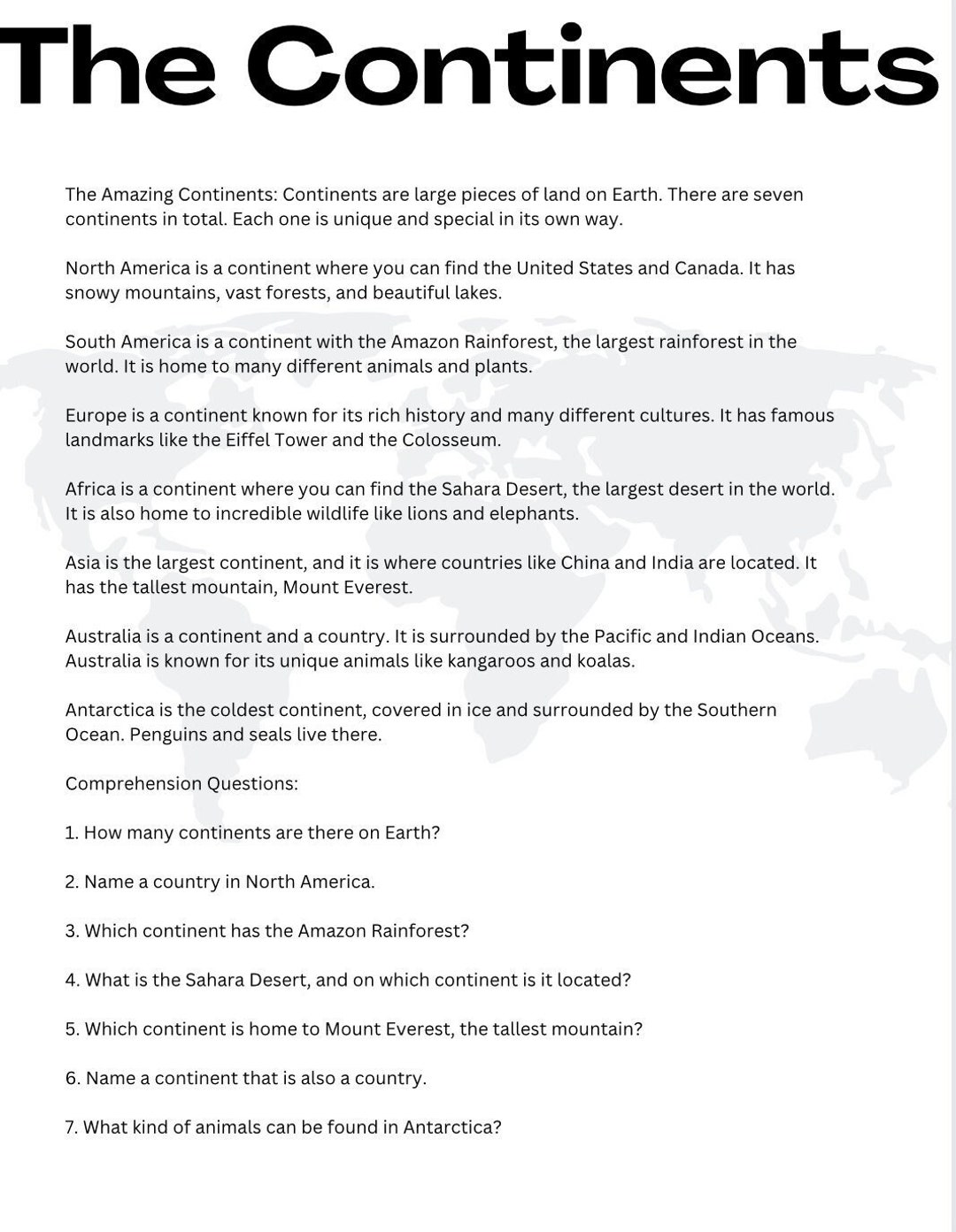 Kids Continent Worksheet - Etsy