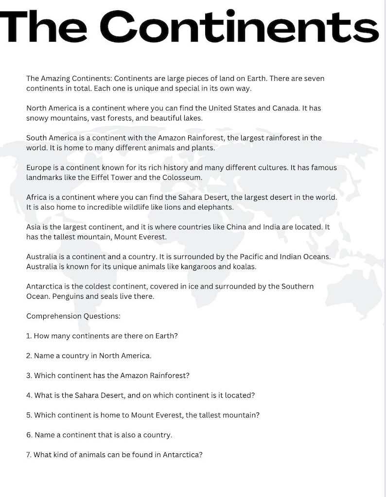 Kids Continent Worksheet - Etsy
