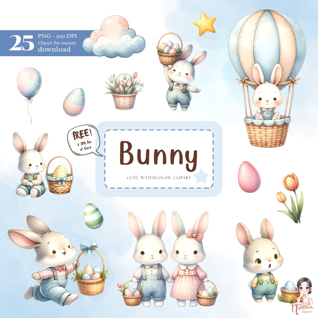 Cute Watercolor Bunny Clipart, 25 PNG Bunny Clipart, Easter Bunny ...