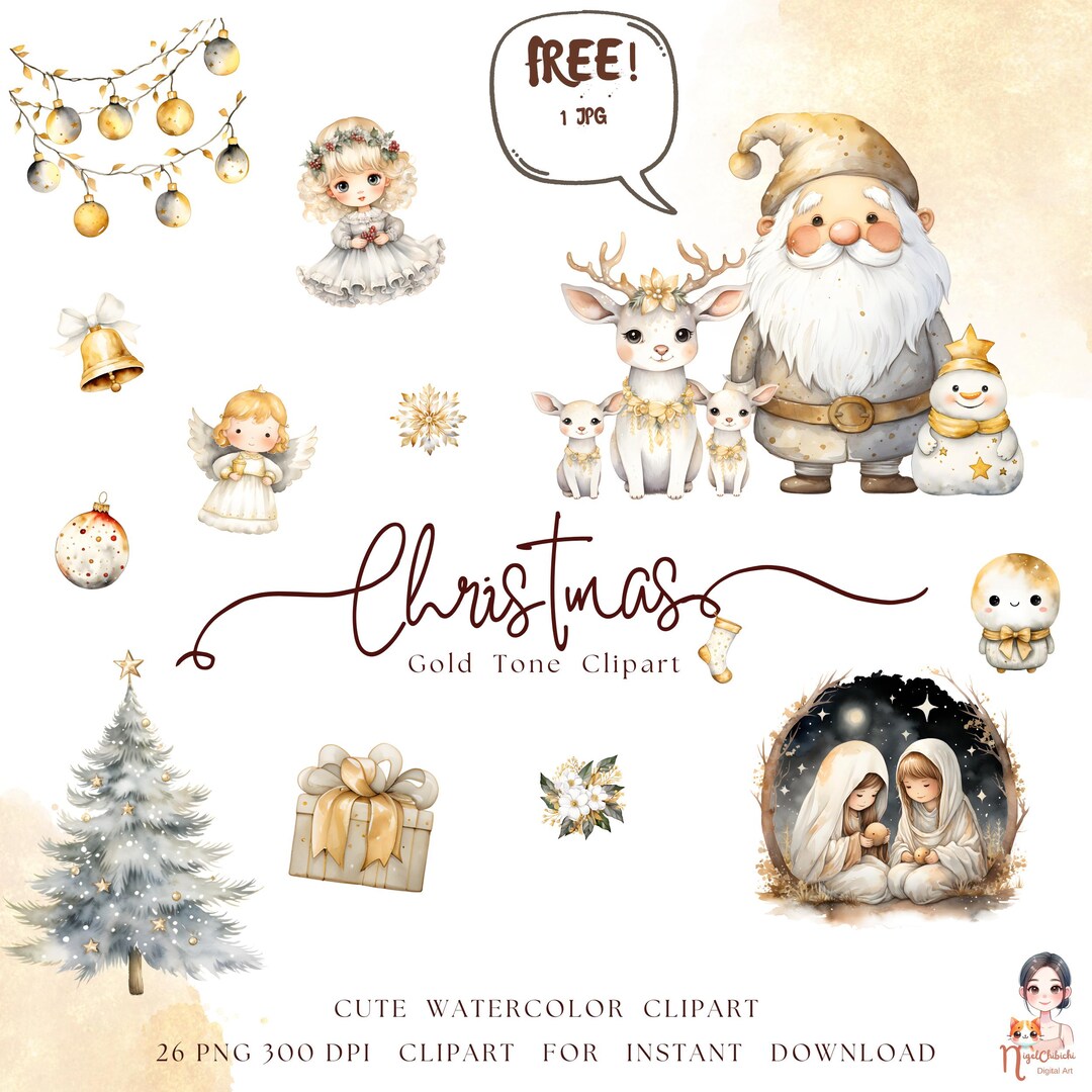 26 PNG Watercolor Golden Christmas Clipart, Golden Christmas Clipart ...