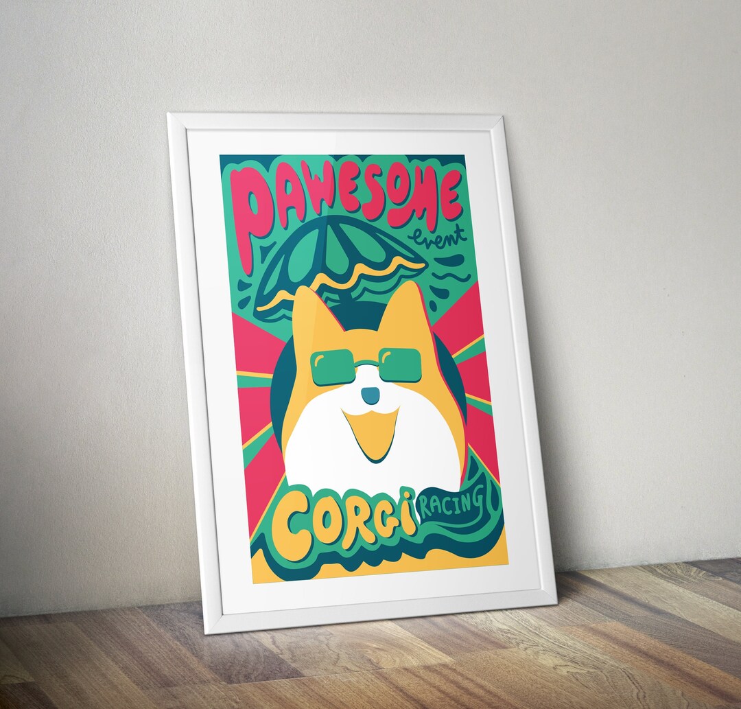Corgi Wall Art, Cute Illustration Art Poster Pink & Green - Etsy