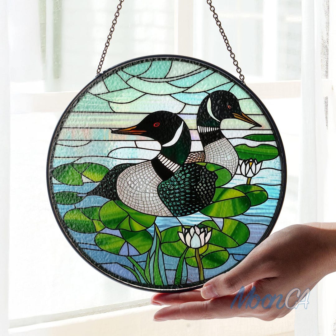 Loon Bird Couple Stained Glass Suncatcher Hanging, Bird Lover Decor ...