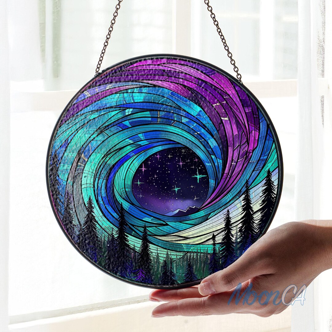 Aurora Borealis Stained Glass Suncatcher Hanging, Forest Aurora ...