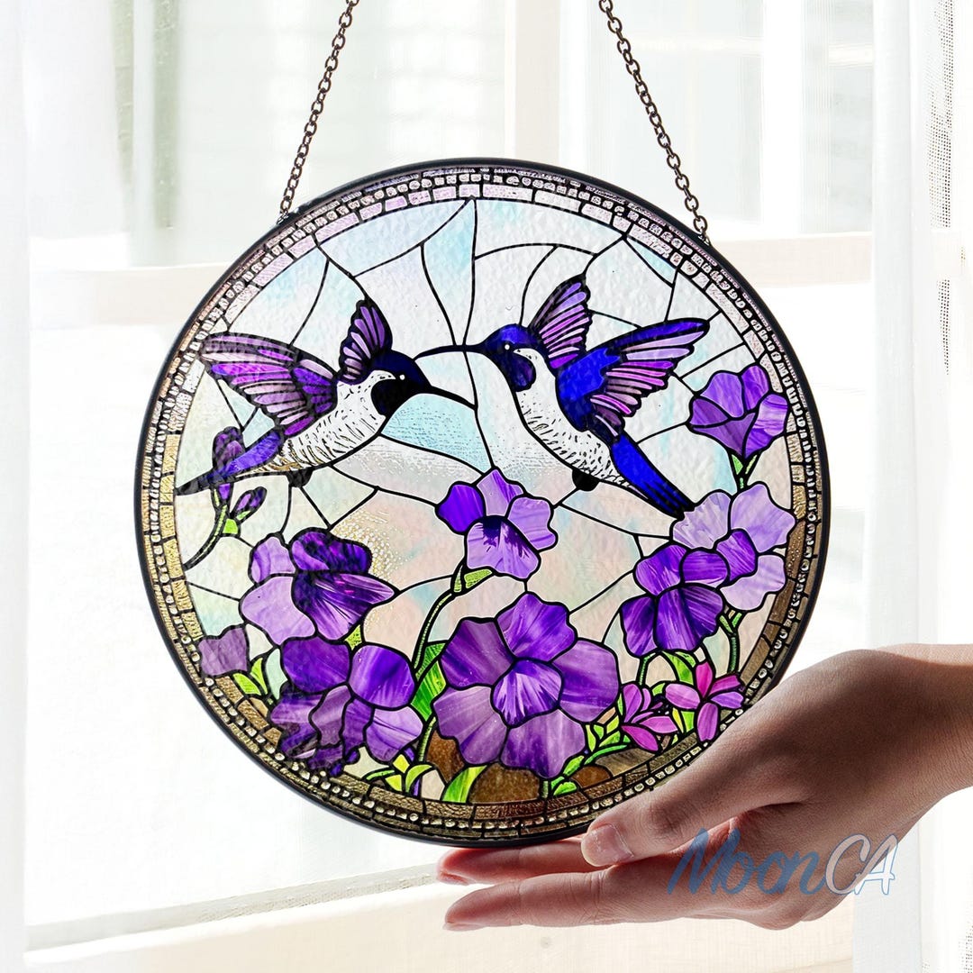 Hummingbirds Among Lavender Flowers Stained Glass Suncatcher ...
