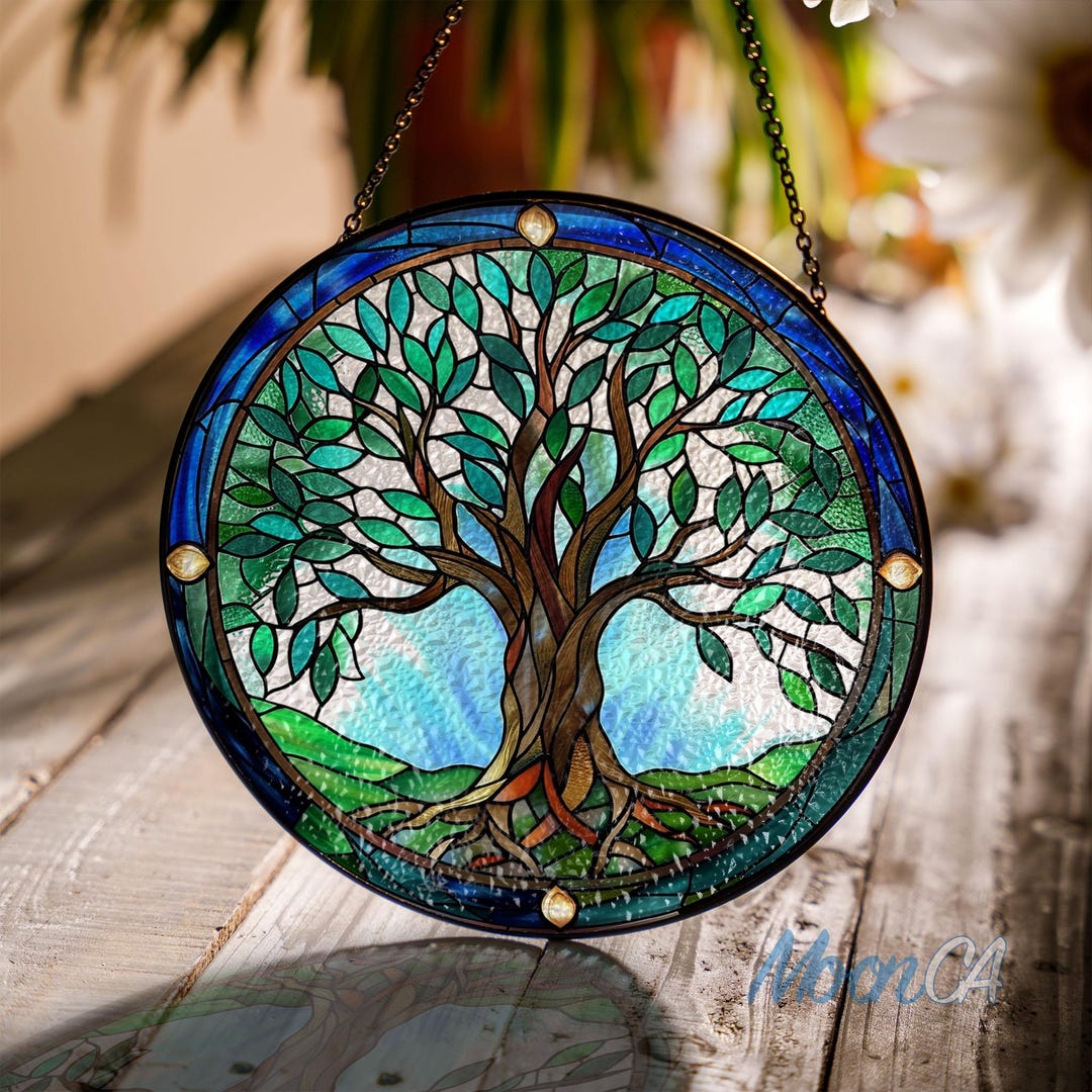 Tree of Life Glass Suncatcher Decor, Tree of Life Window Hanging, World ...