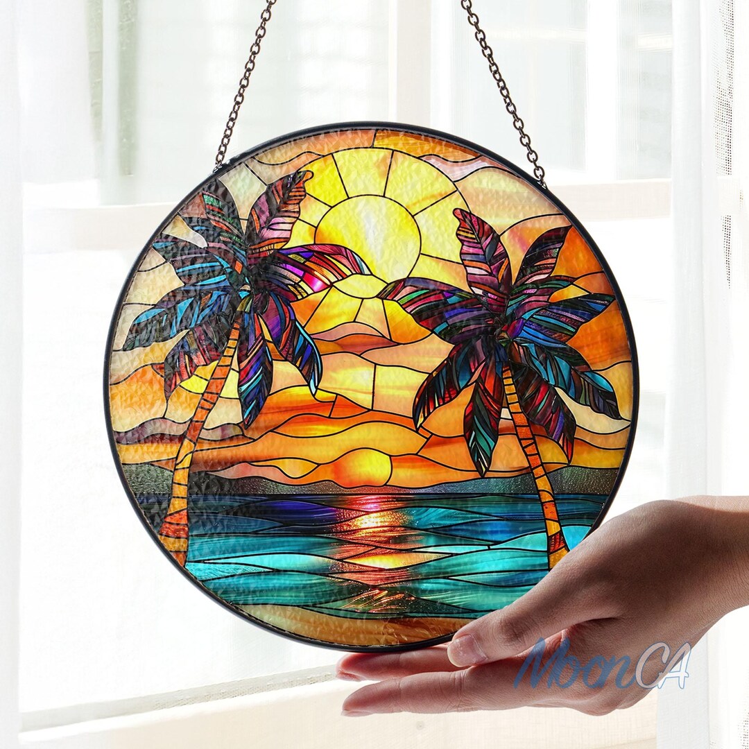 Beach Sunset Stained Glass Suncatcher, Beach Sunrise Suncatcher, Beach ...