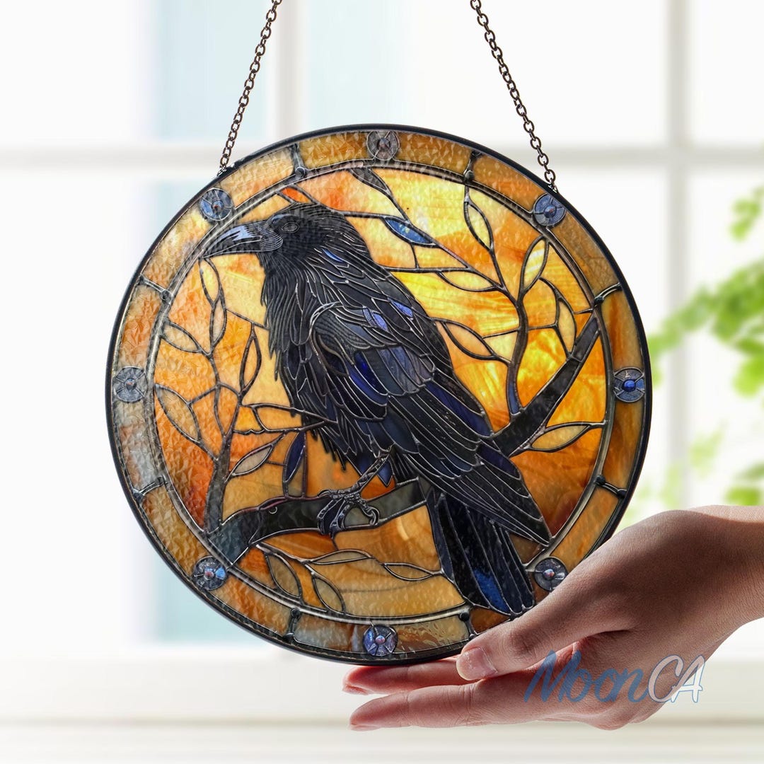 Raven Stained Glass Suncatcher Window Decor, Gothic Suncatcher Raven ...