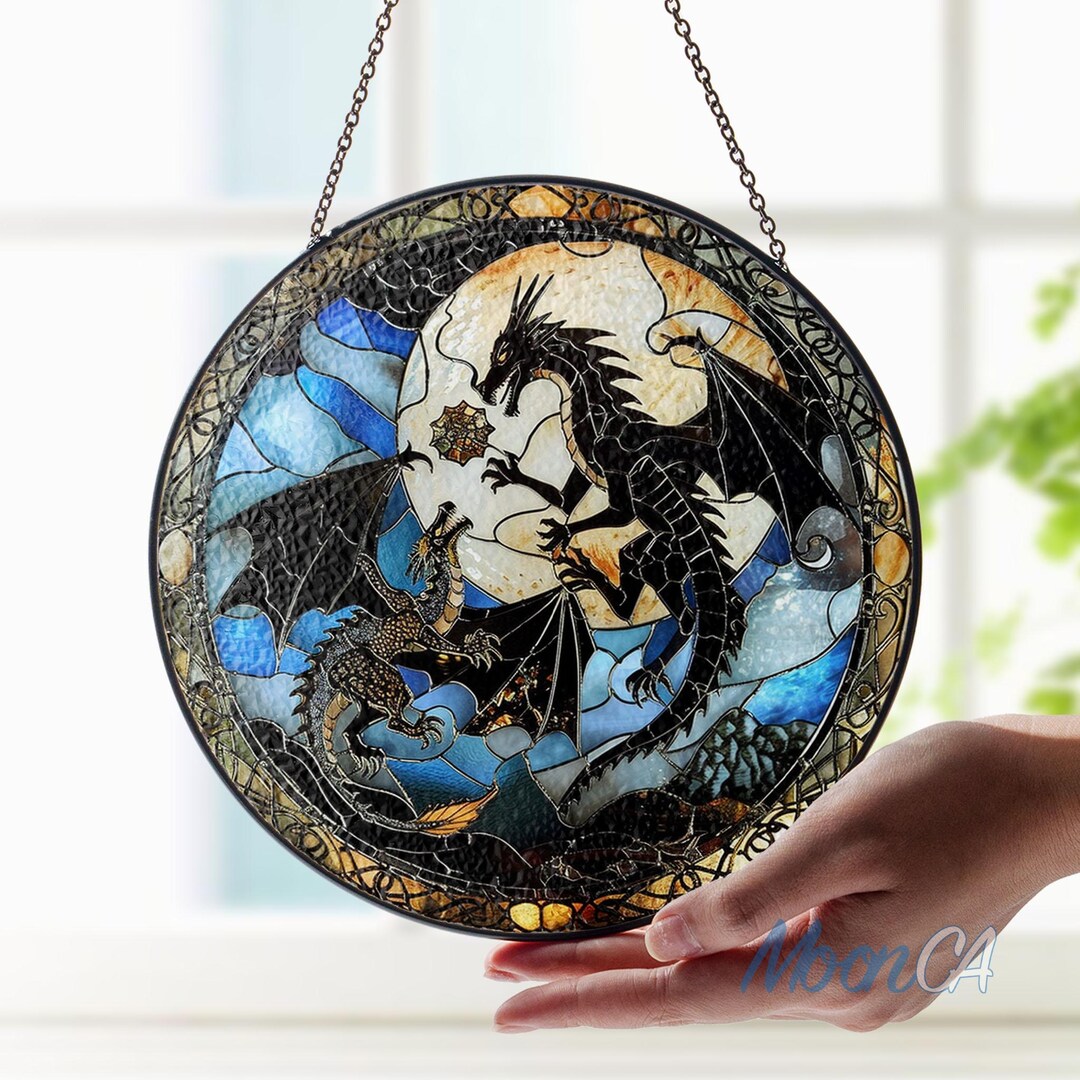 Two Dragon Fighting Stained Glass Window Hanging, Halloween Gift Decor ...