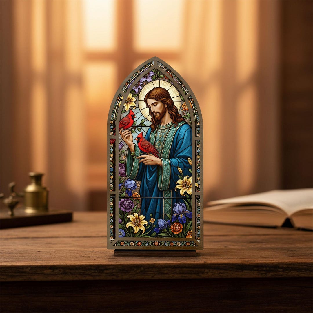 Jesus and Cardinal Book Nook Suncatcher, Christian Faith Bookshelf ...