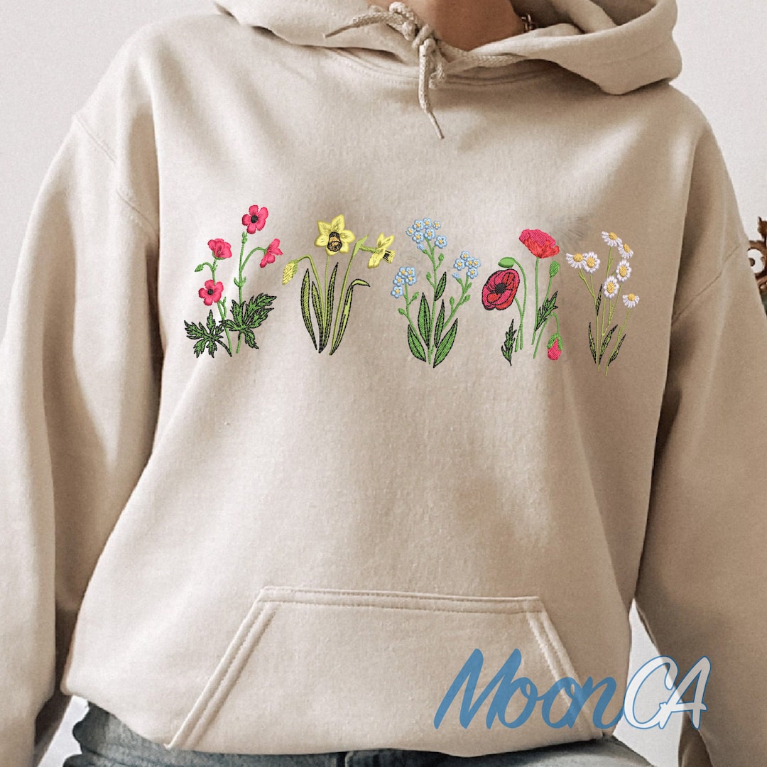 Wildflower Embroidered Sweatshirt, Floral Botanical Embroidery, Floral ...