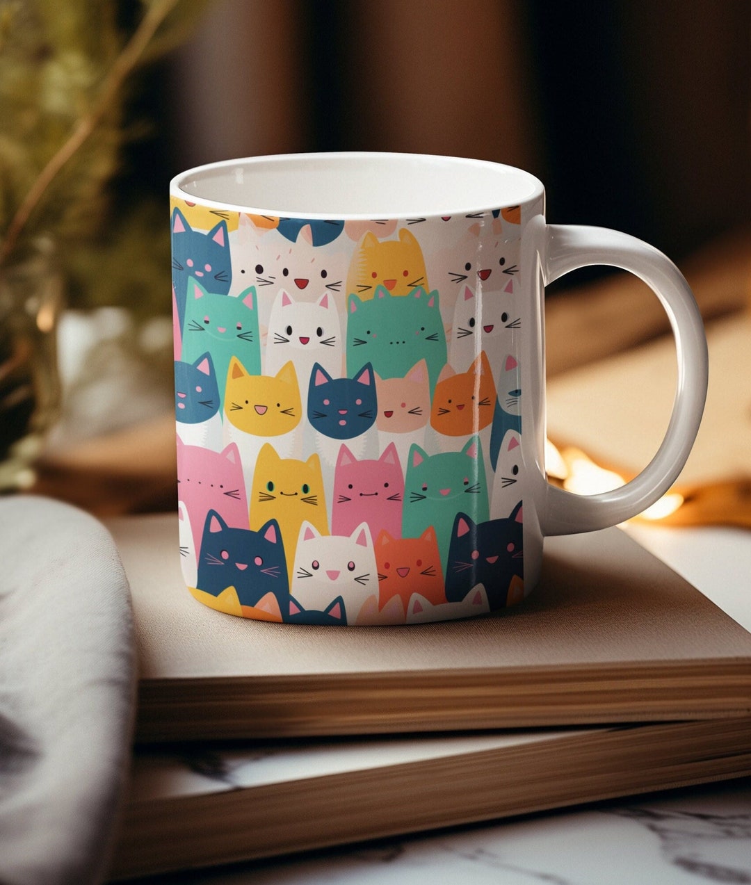 Cute Cat Mug, 11oz, 15oz, Cat Pattern Mug, Colorful Cat Mug, Cat Owner ...