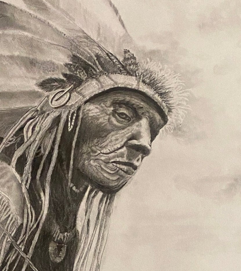 CHIEF Drawing Native American Hand Made ORIGINAL Genuine Pencil Indian ...