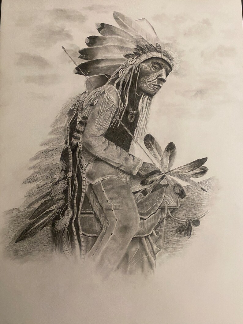 CHIEF Drawing Native American Hand Made ORIGINAL Genuine Pencil Indian ...