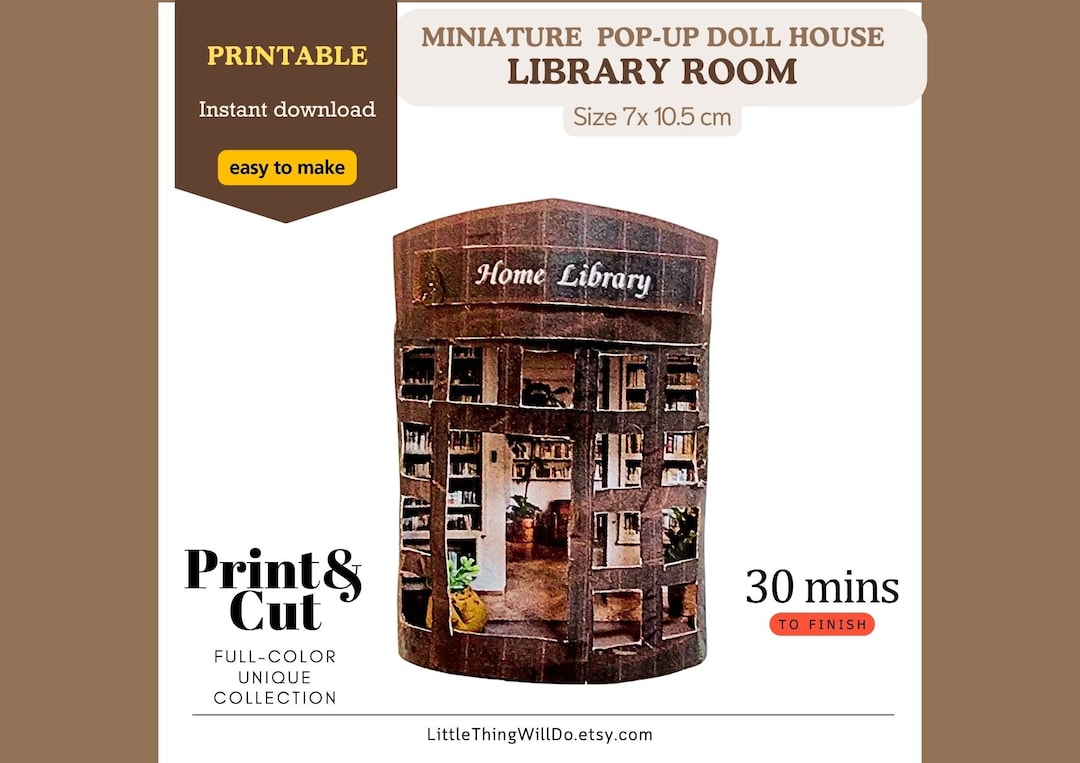 Miniature Library Room Paper Doll House: Printable 3D Template (digital ...