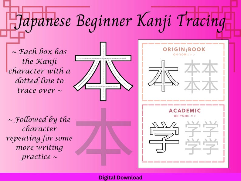 Japanese Beginner Kanji Tracing Practice Worksheets - Etsy