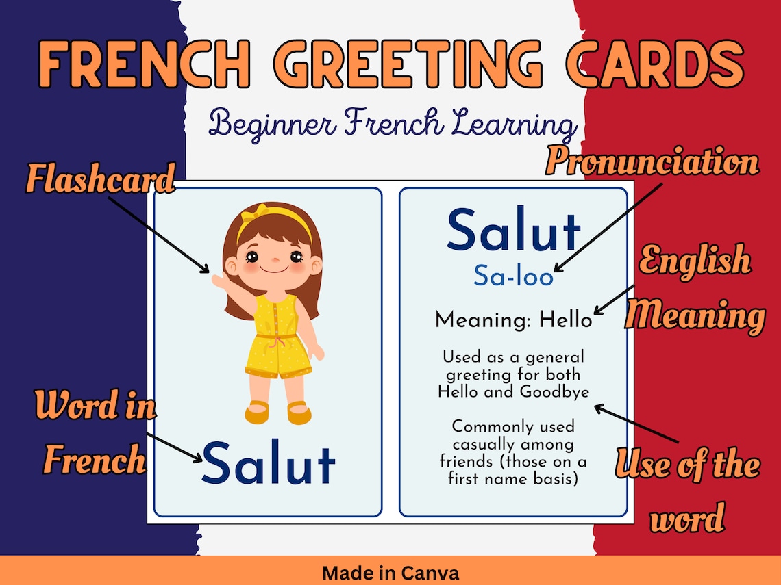Preschool & Early Learning Beginner French Greeting Flashcards - Etsy