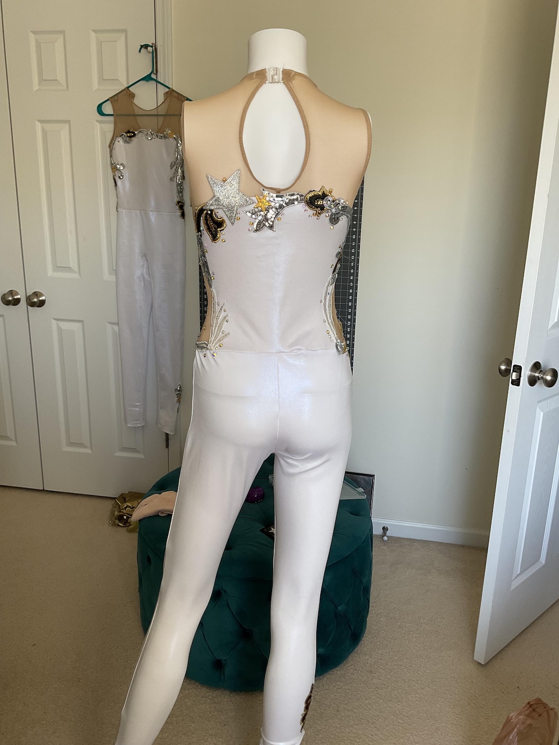 White Aerial Dance Unitard With Mixed Silver, Gold, and Black Appliqués ...