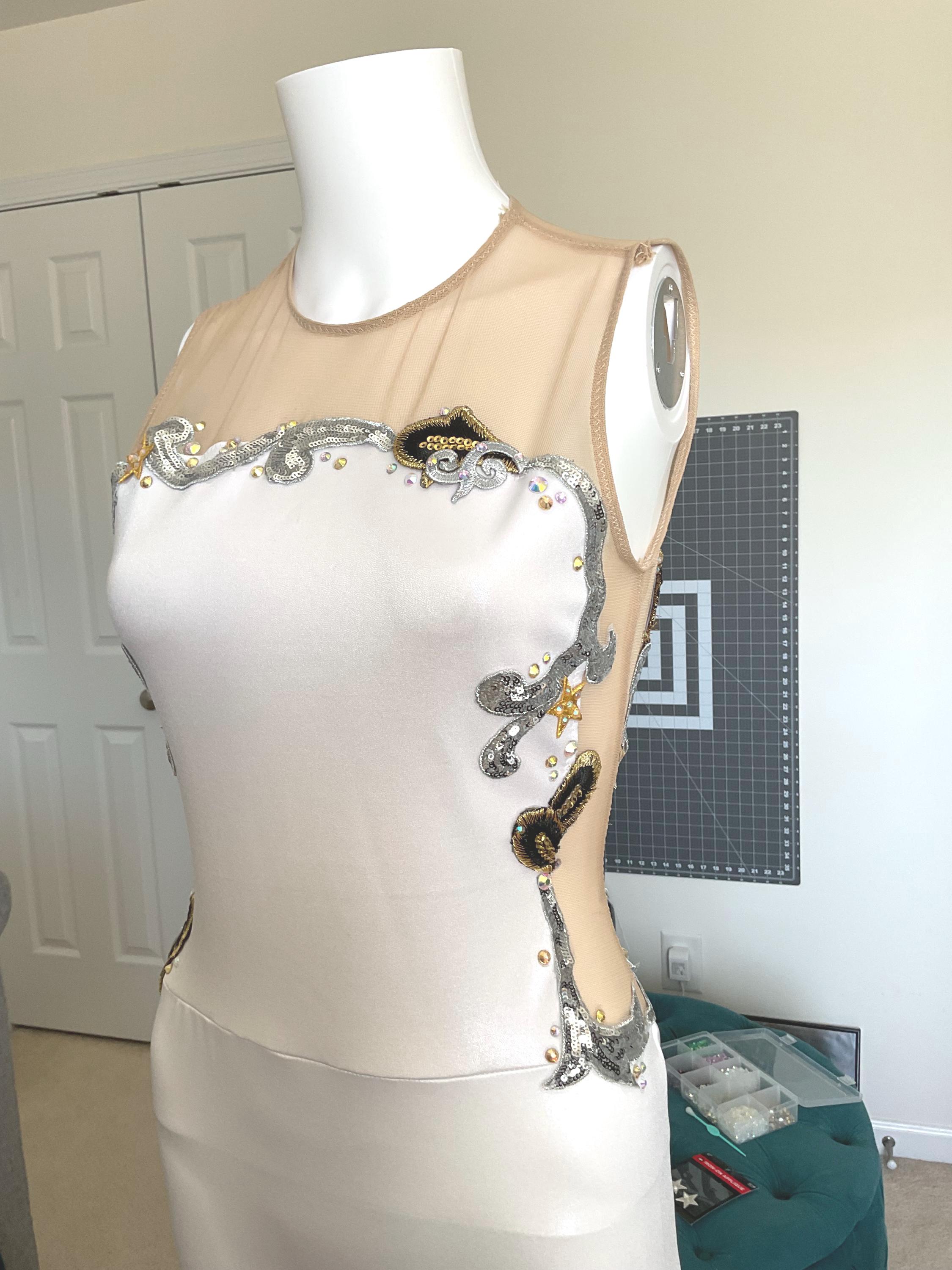 White Aerial Dance Unitard With Mixed Silver, Gold, and Black Appliqués ...