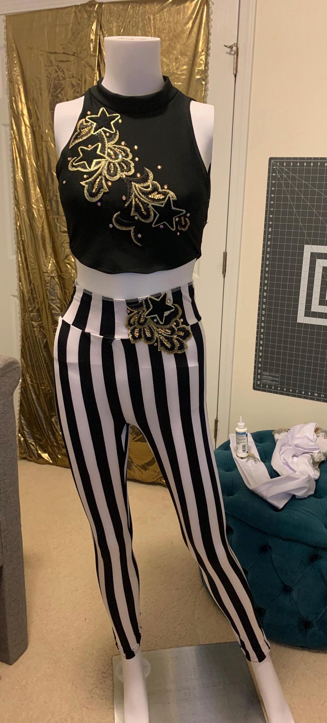 Black and White Striped Aerial Dance Two Piece With Gold and Black ...