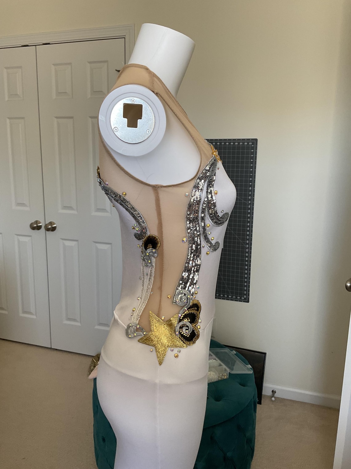 White Aerial Dance Unitard With Mixed Silver, Gold, and Black Appliqués ...