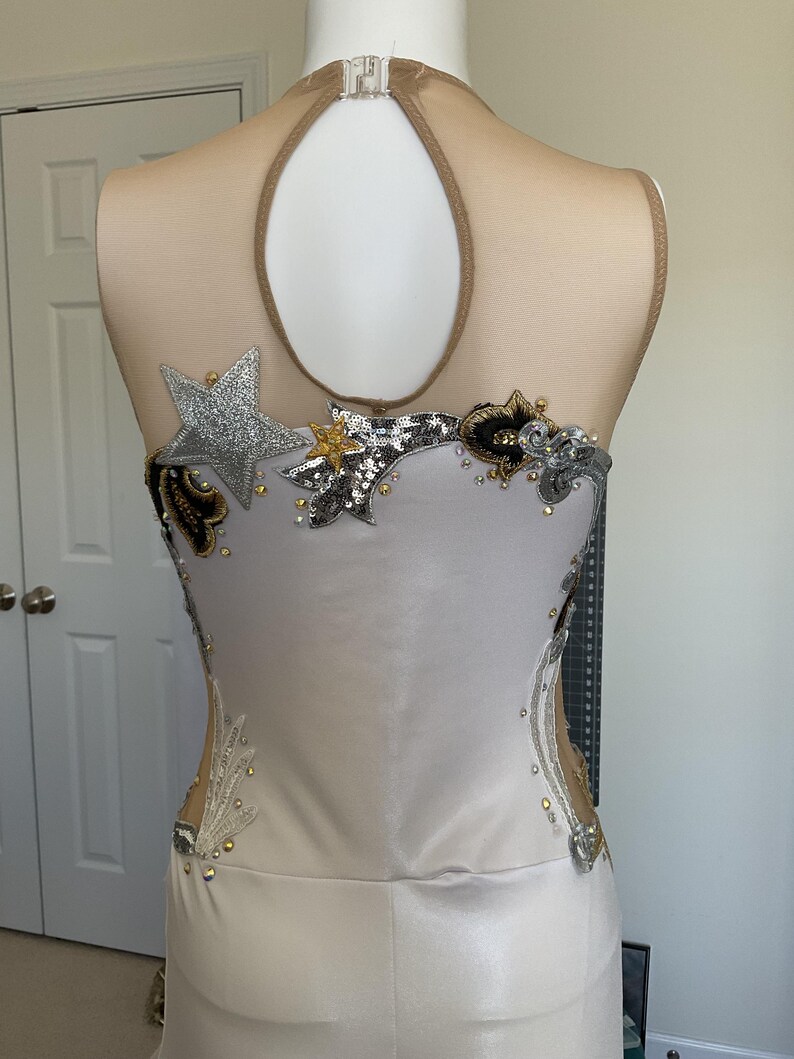 White Aerial Dance Unitard With Mixed Silver, Gold, and Black Appliqués ...