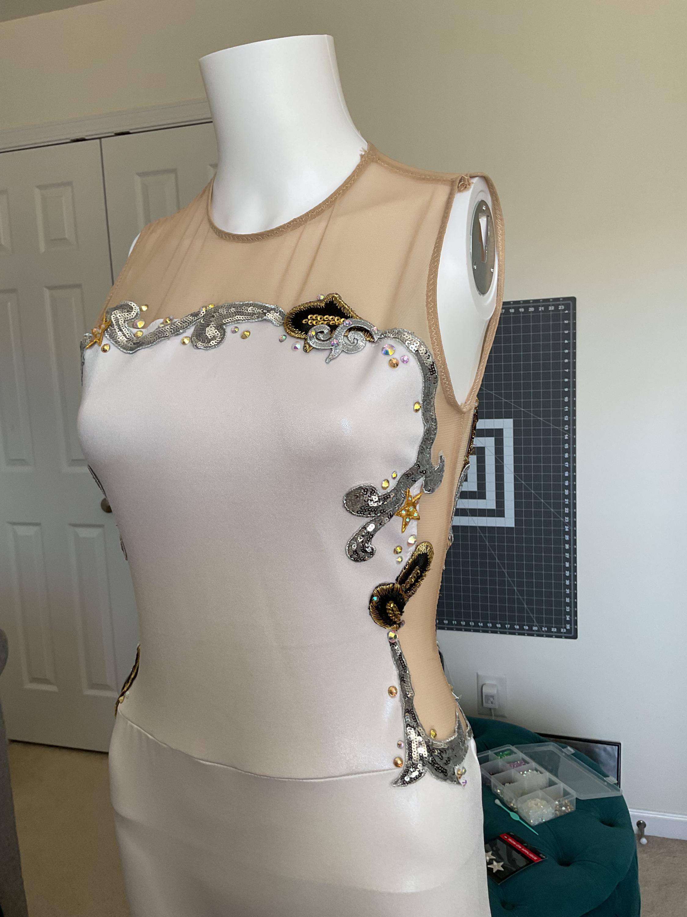 White Aerial Dance Unitard With Mixed Silver, Gold, and Black Appliqués ...