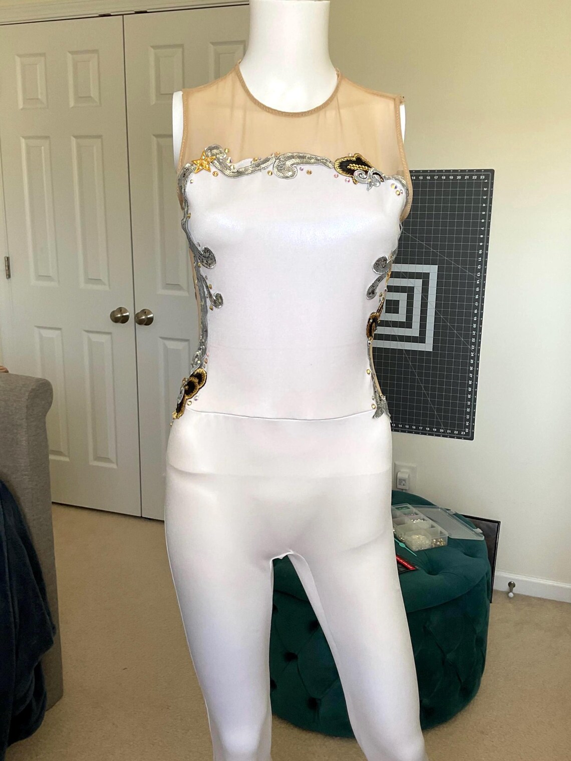 White Aerial Dance Unitard With Mixed Silver, Gold, and Black Appliqués ...