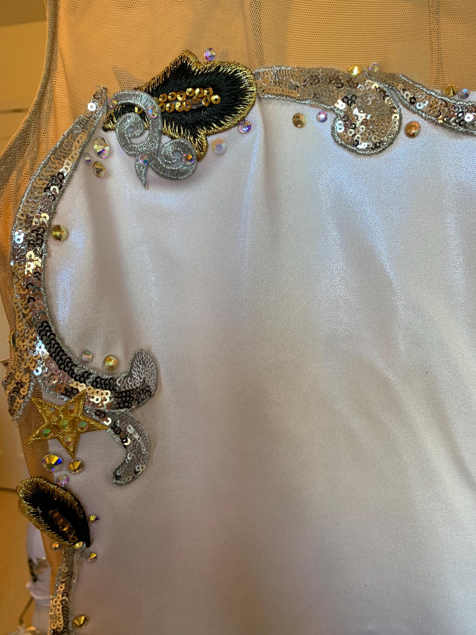 White Aerial Dance Unitard With Mixed Silver, Gold, and Black Appliqués ...