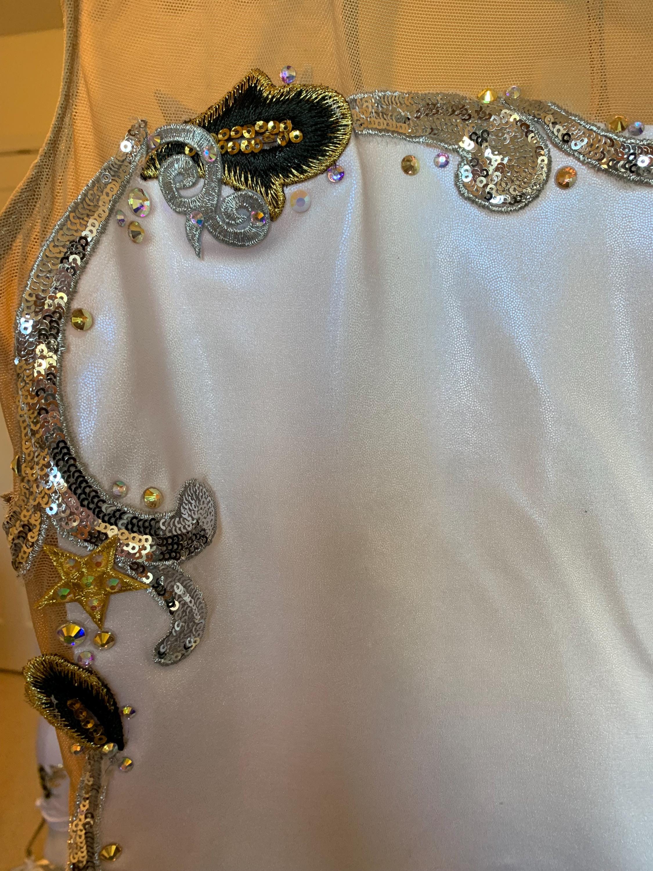 White Aerial Dance Unitard With Mixed Silver, Gold, and Black Appliqués ...