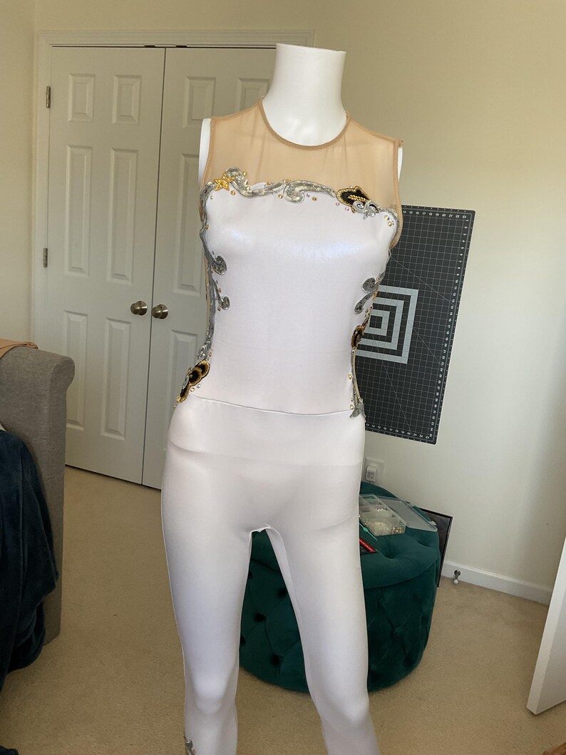 White Aerial Dance Unitard With Mixed Silver, Gold, and Black Appliqués ...