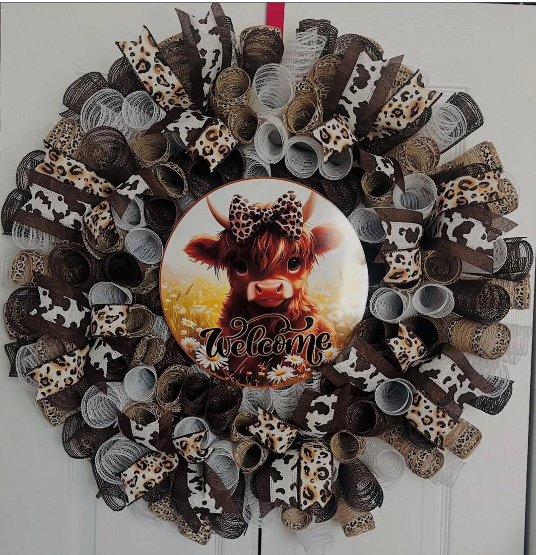 Welcome Highland Cow Cheetah Print Wreath - Etsy