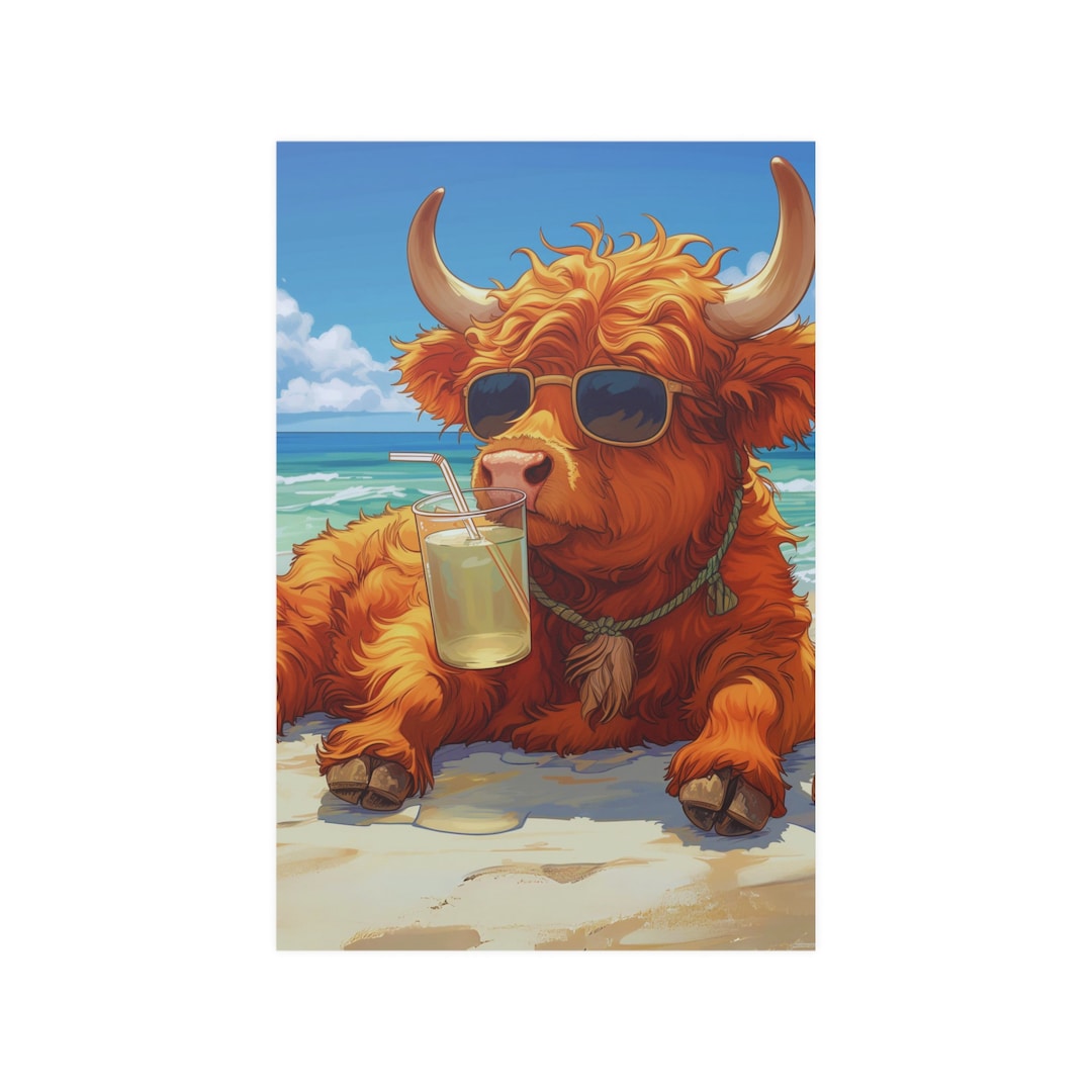 Highland Cow Chilling by the Beach in the Summertime Poster - Etsy