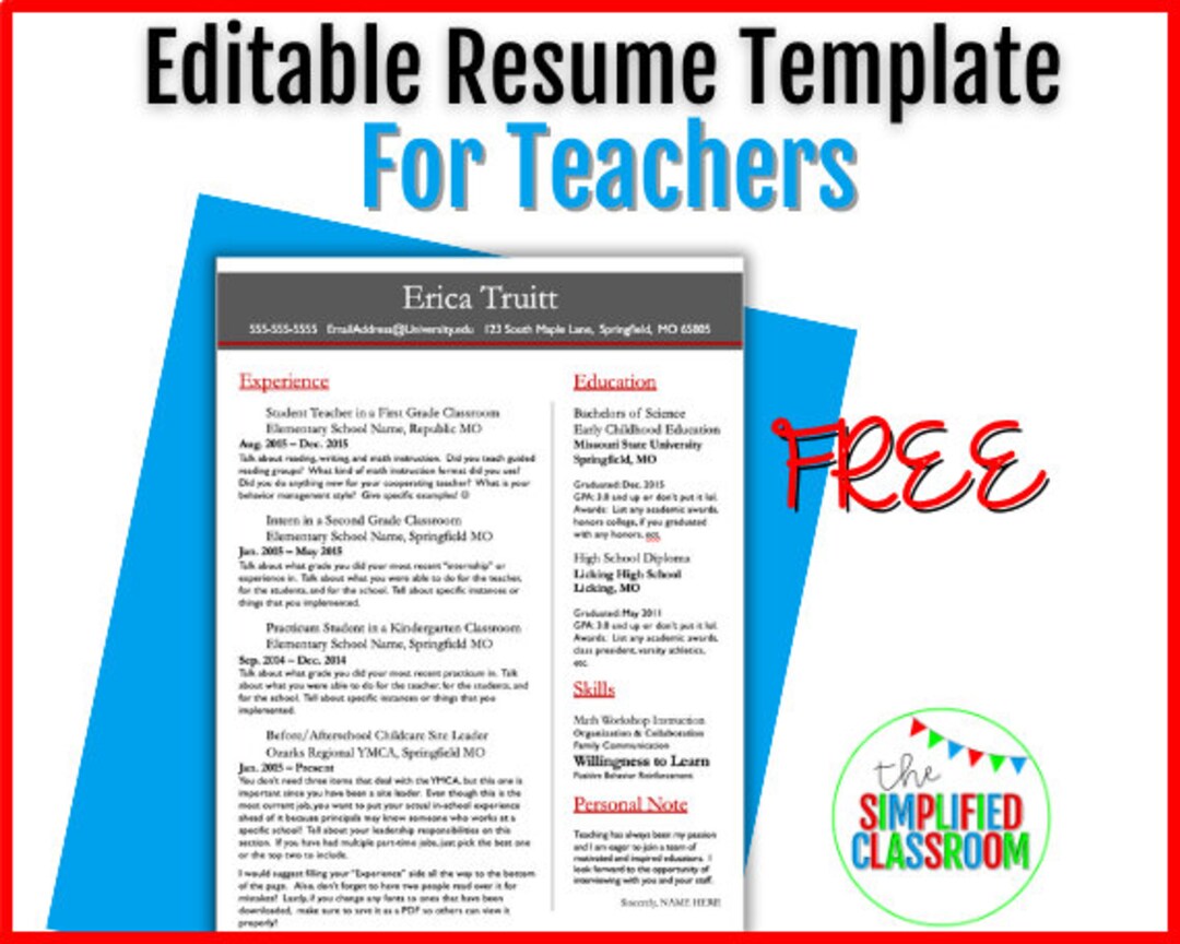 FREE Editable Resume Template for Teachers - Etsy Canada