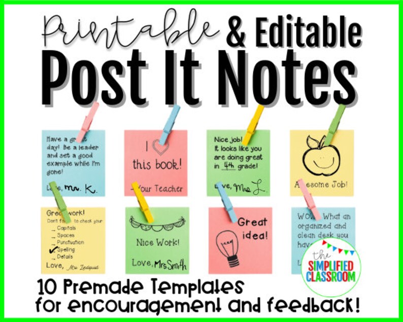 EDITABLE Printable Post It Notes for Student Encouragement and Feedback ...