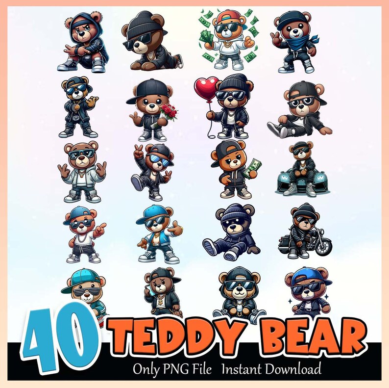 Teddy Bear Urban Png Bundle, Streetwear Sublimation Design, Gangsta ...